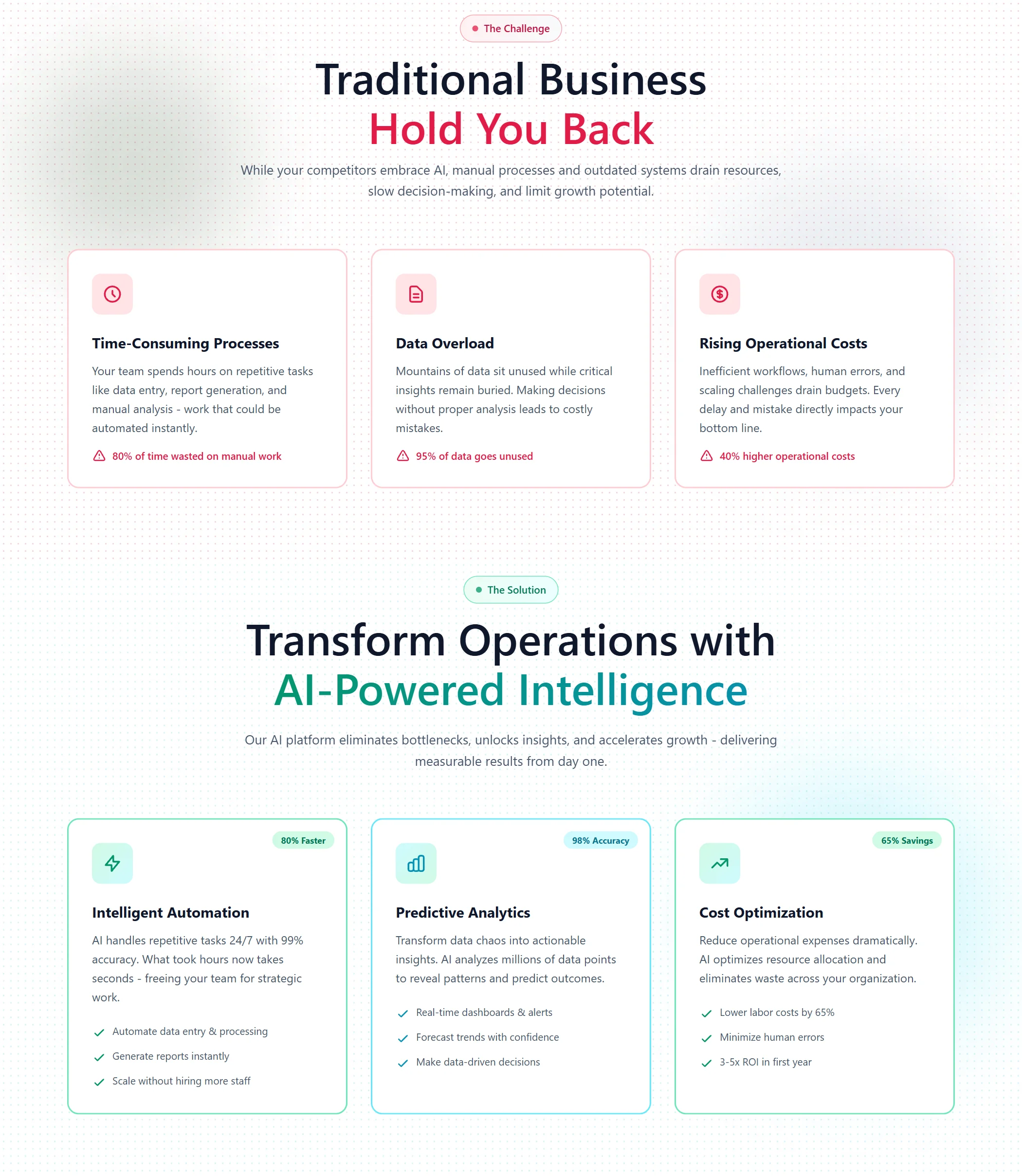 Problem-solution Artificial Intelligence Corporate Landing Page Component | LandingGo